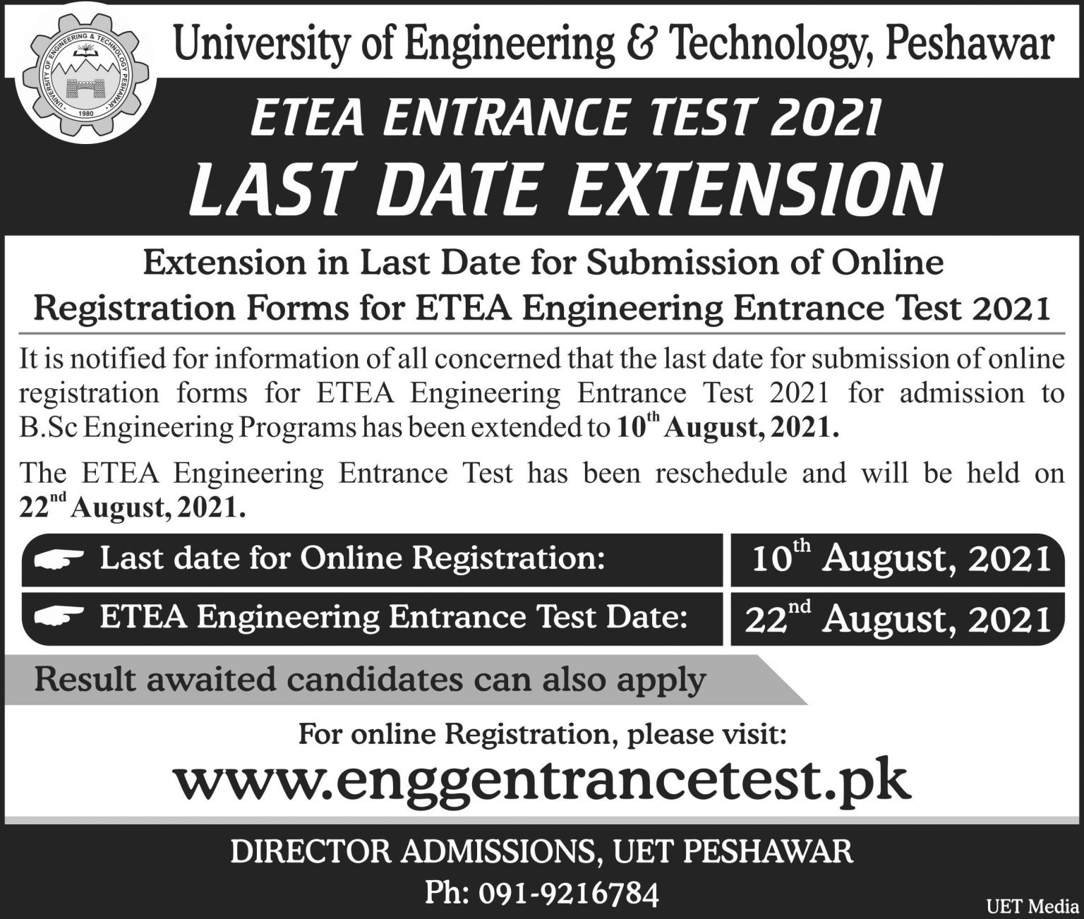 UET Peshawar Entry Test Schedule 2022 Test Date